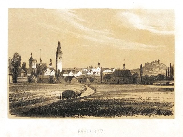 Antique map - Pardubice Pardubitz litografie Sandmann 1845 železnice ...