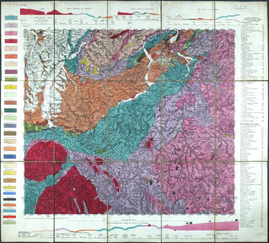Stará mapa - Krušné hory - geologická, topografická mapa, litografie, 1850